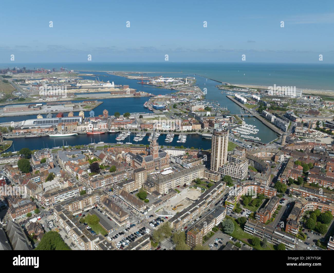 Aerial drone photo of the port and center of Dunkirk, city in the north ...