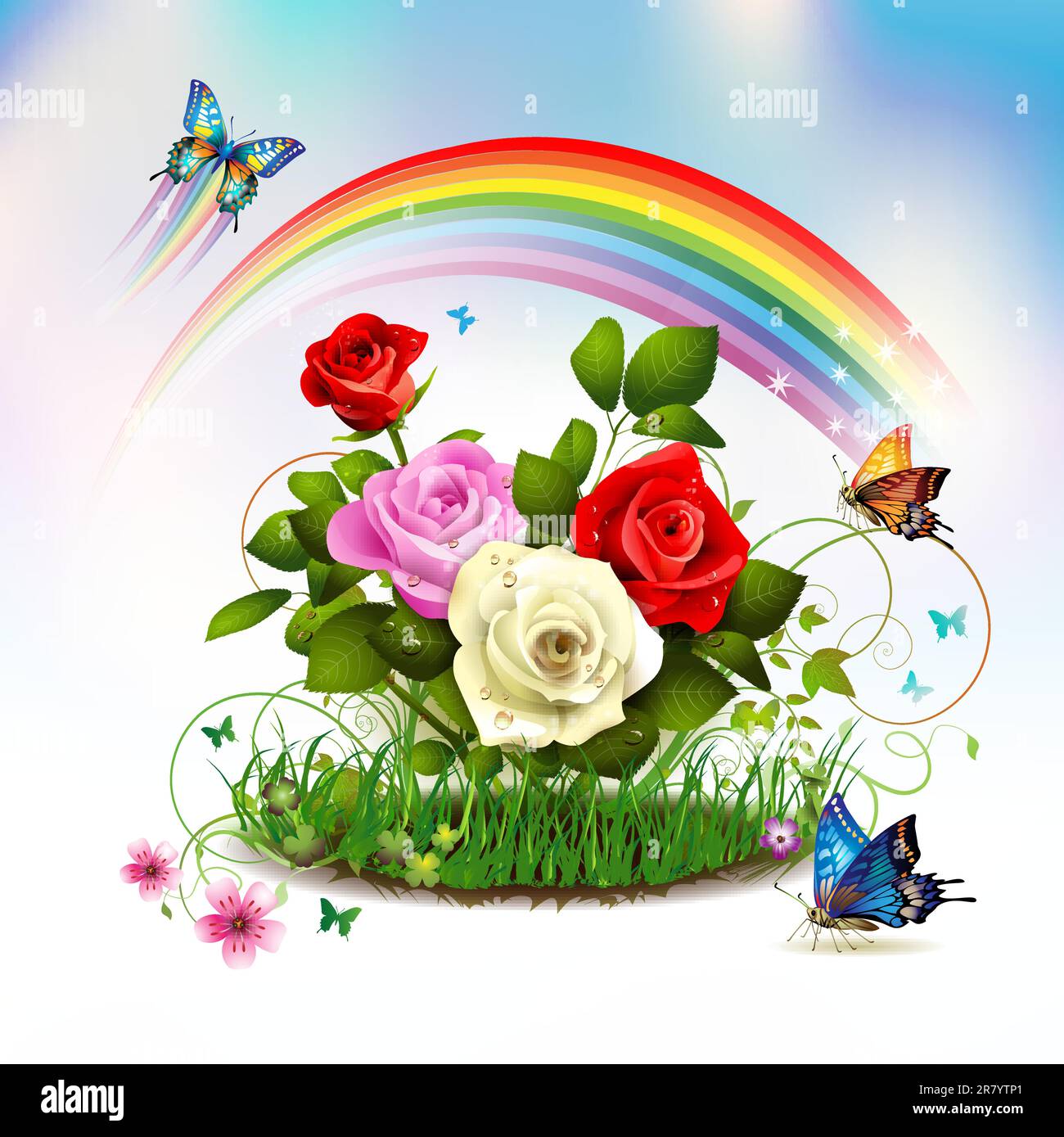 Roses on grass with butterflies and rainbow Stock Vector Image & Art ...