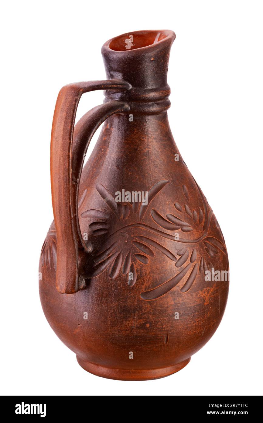 Clay jug with a narrow neck liquid for water or wine, isolated on white ...