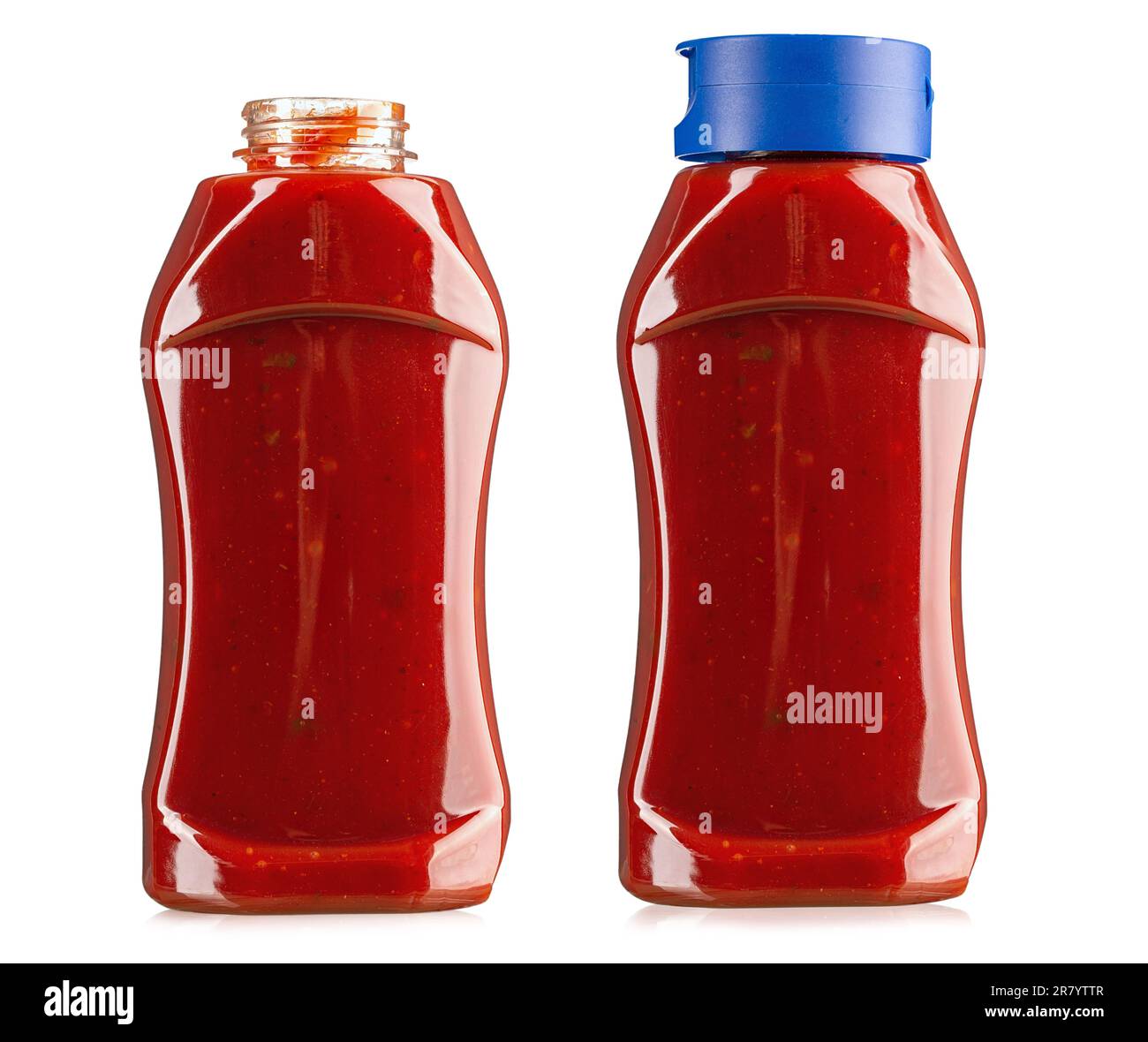 Two plastic bottles with ketchup, open and closed. Traditional tomato ...