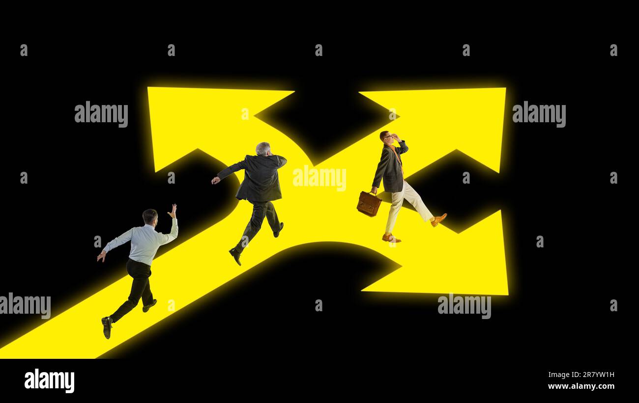 Business people, employees running in different professional directions ...