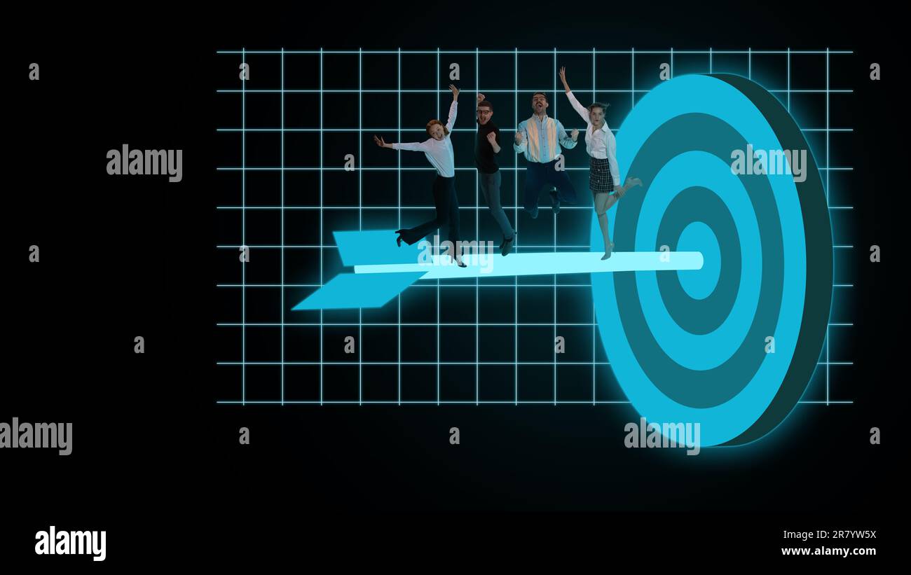 On target. Motivated employees reaching professional aims, success and ...