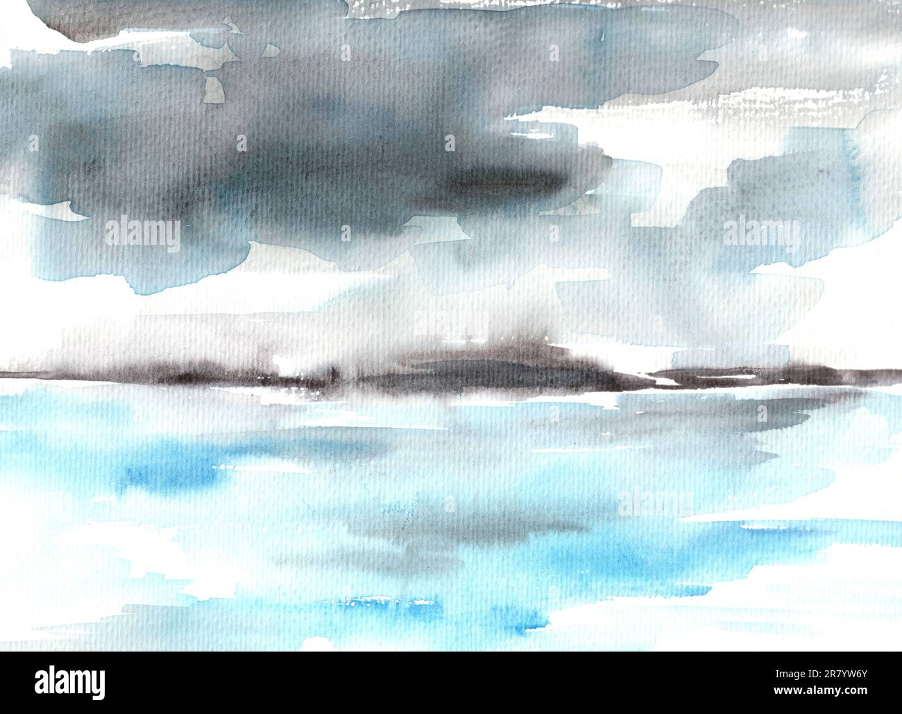 Abstract watercolor landscape in neutral gray and blue tones, hand ...