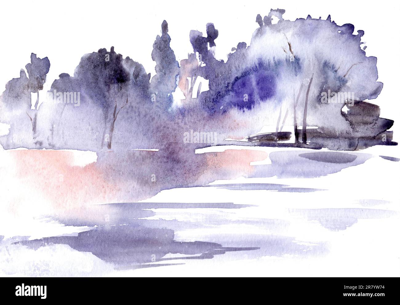 Abstract watercolor landscape painting in neutral сиреневых and brown ...