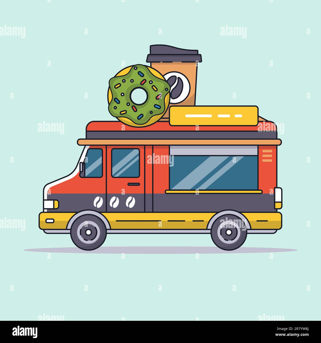 food truck red bus selling coffee and donuts by car vector illustration ...