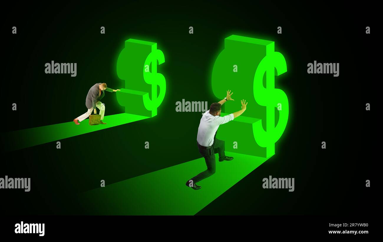 Diversity of power and motivation. Employees pushing money sign forward ...