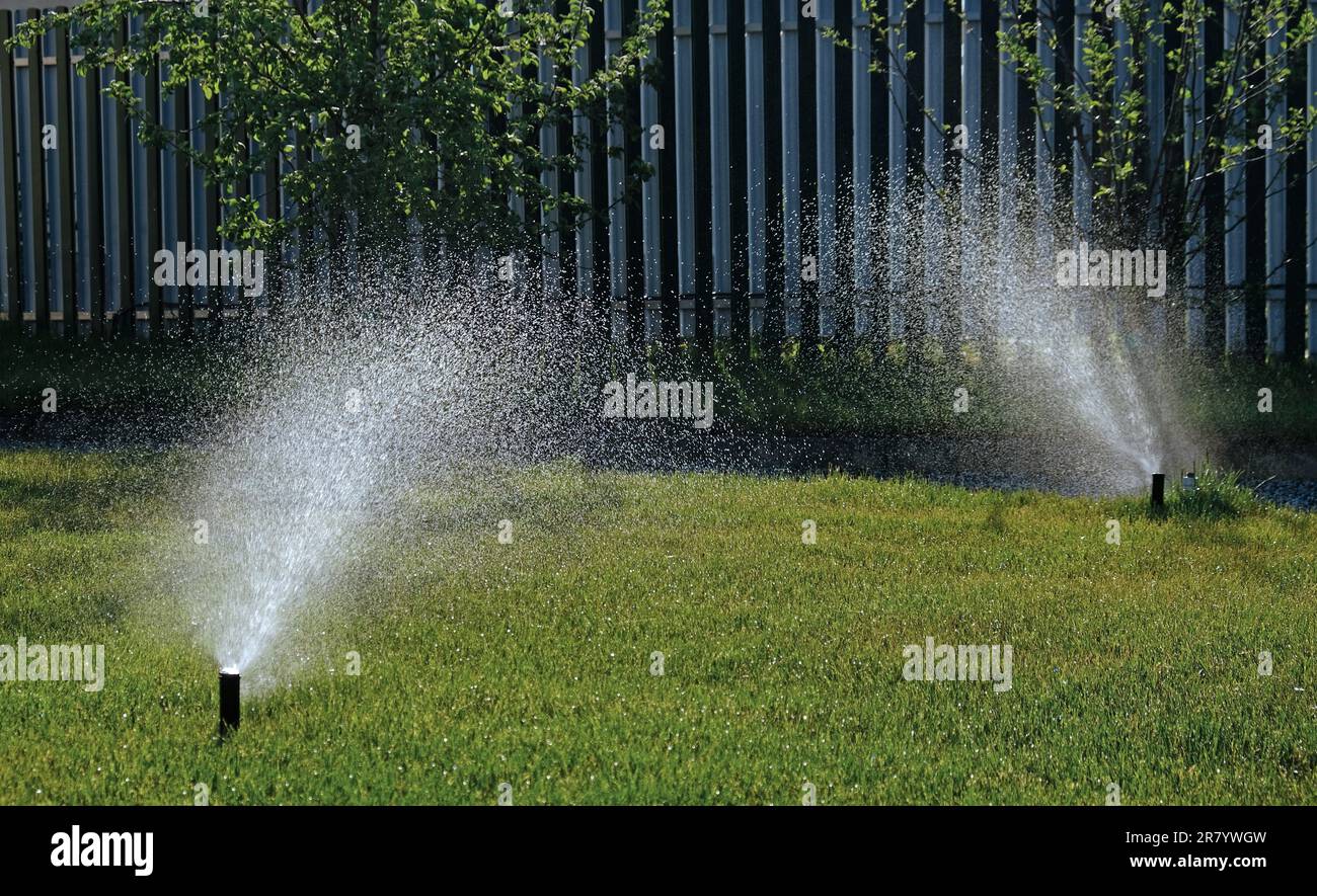 Automatic garden irrigation system watering lawn with adjustable head ...