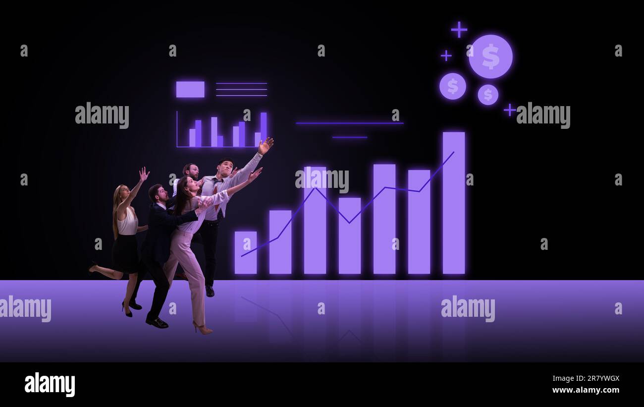 Employees working with analytical data, checking graph and generating ...