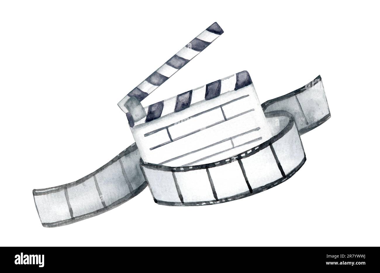 Movie with clapperboard and film on white background. Watercolor hand ...