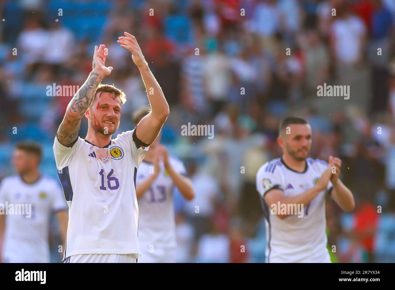 Oslo, Norway, 17th June 2023. Scotland's Liam Cooper with blood from a ...