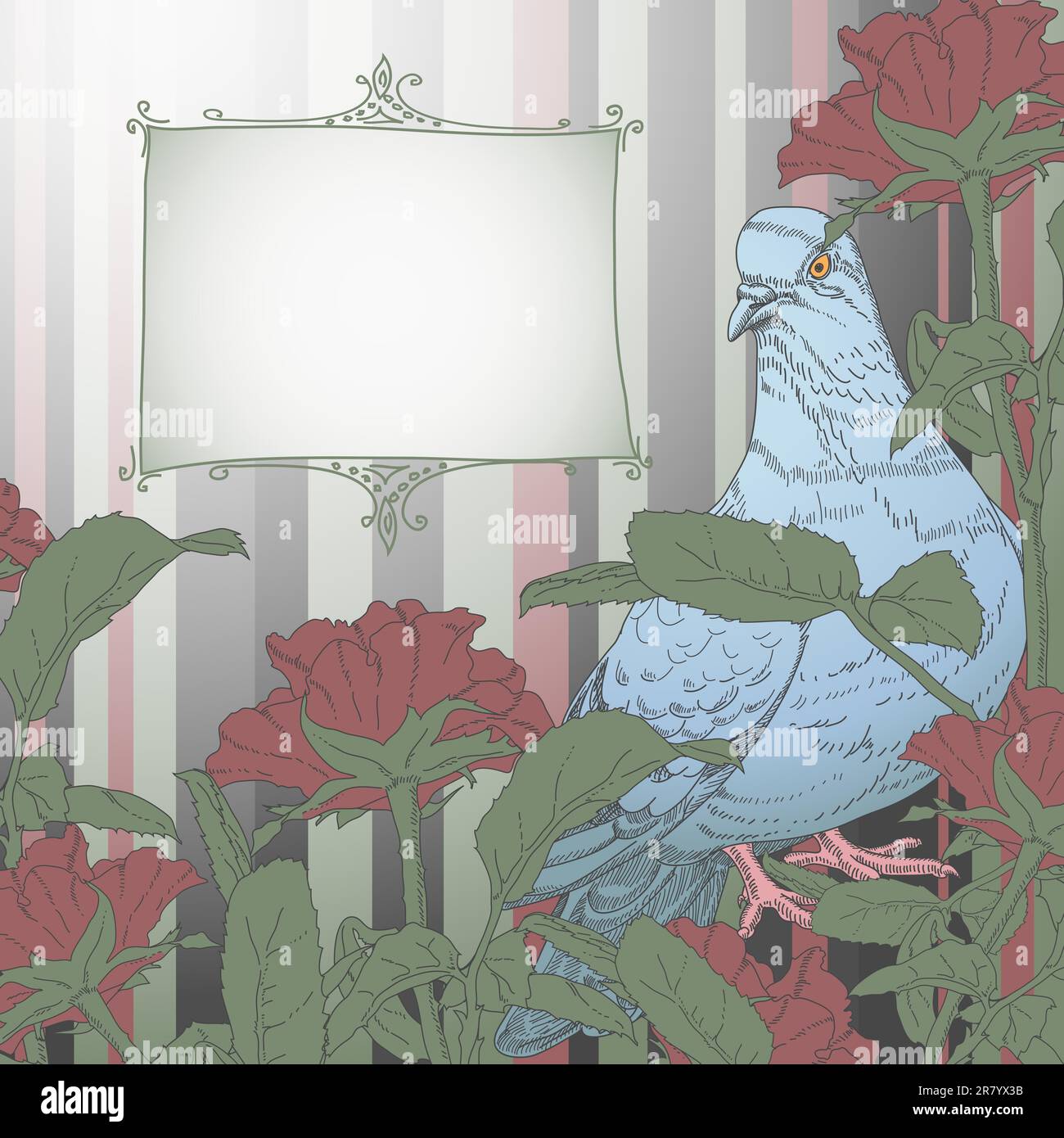 floral background with flowers and pigeon, this illustration may be ...