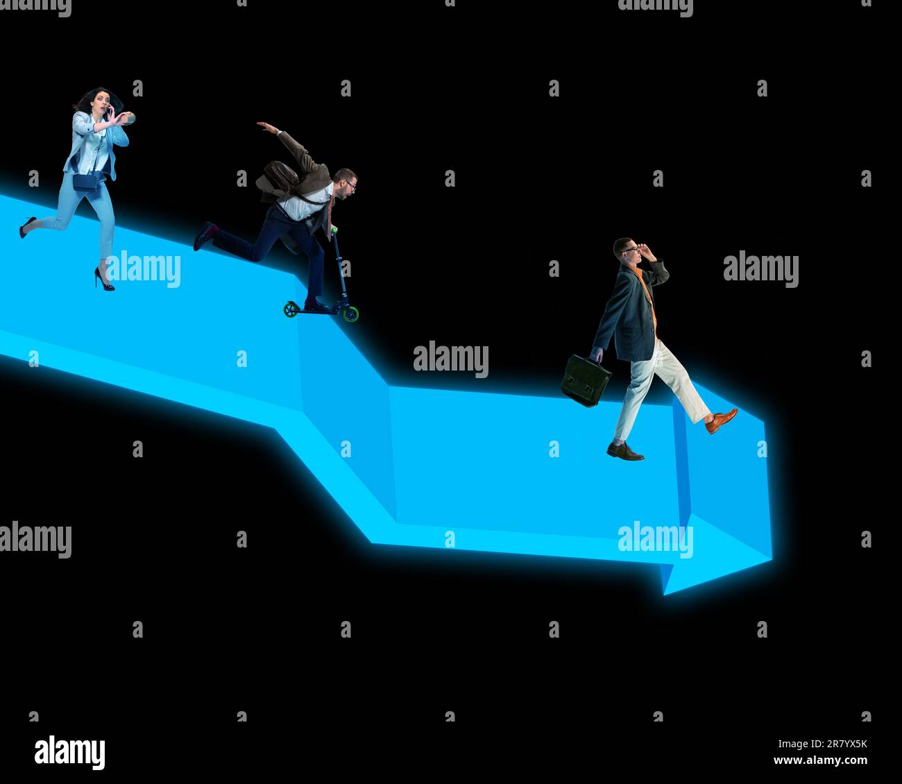 Business people, employees walking and forward on arrow, reaching ...