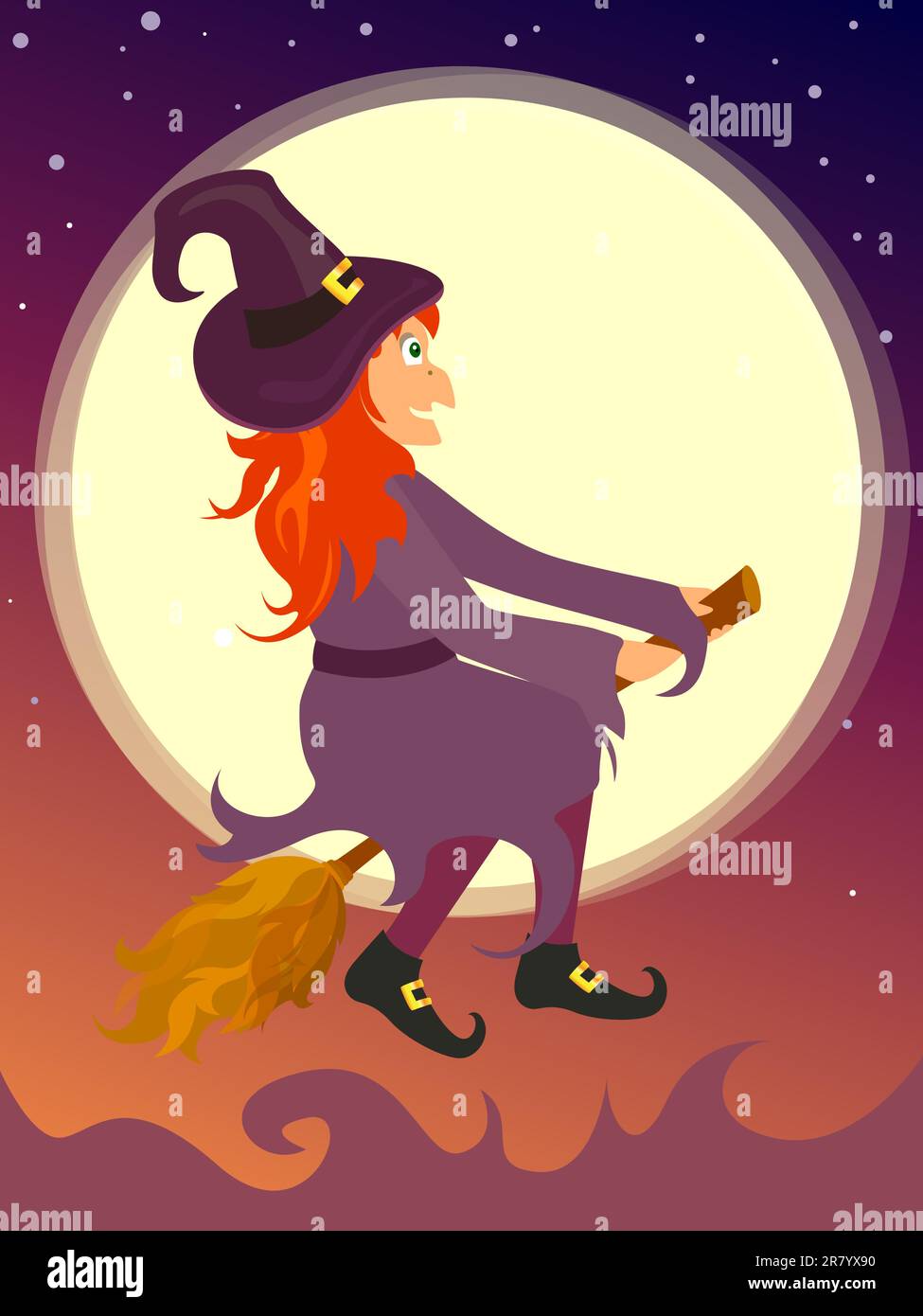 vector illustration of a halloween witch riding on her broom Stock ...