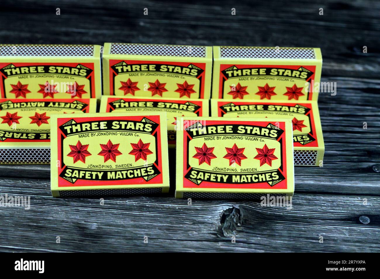 Cairo, Egypt, June 12 2023: Three stars safety matches Jonkoping Vulcan ...