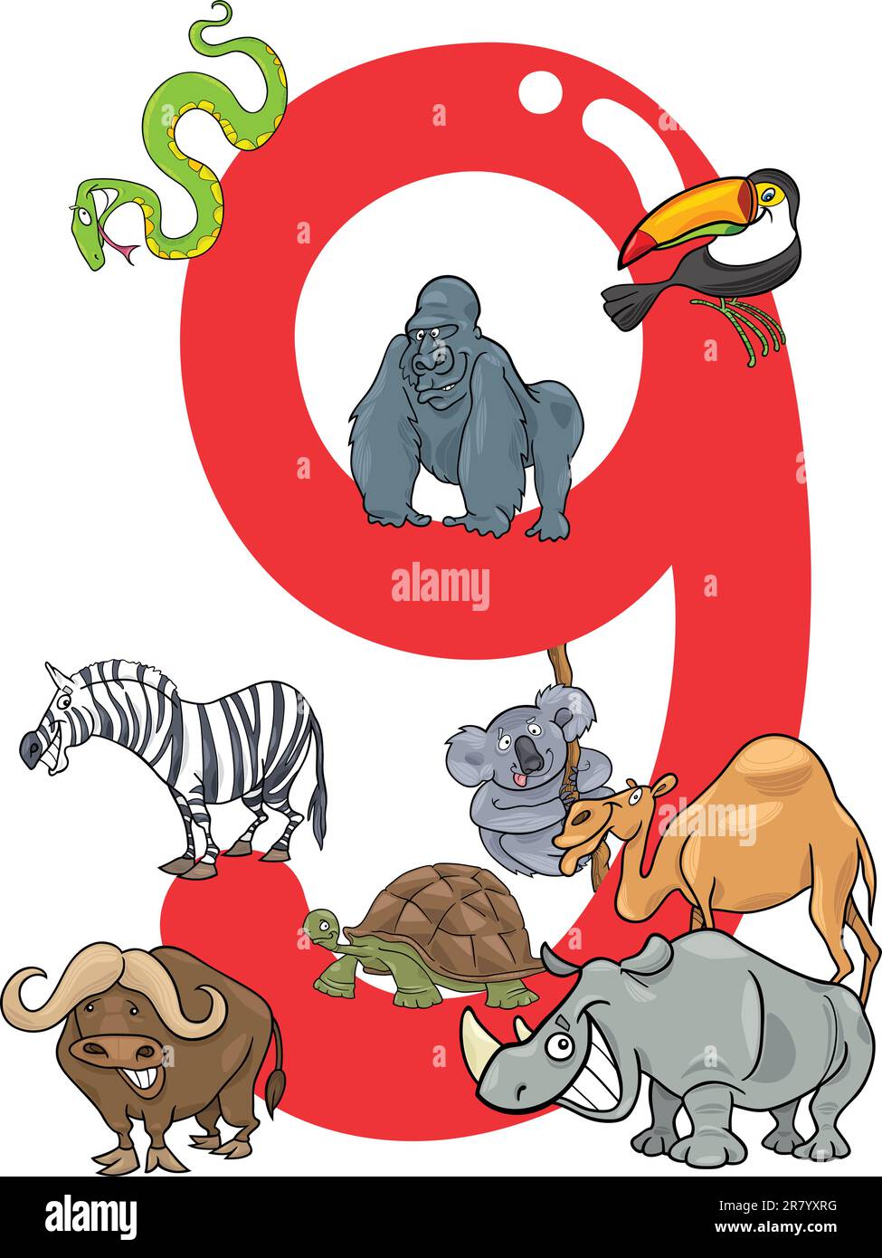 cartoon illustration with number nine and different animals Stock ...