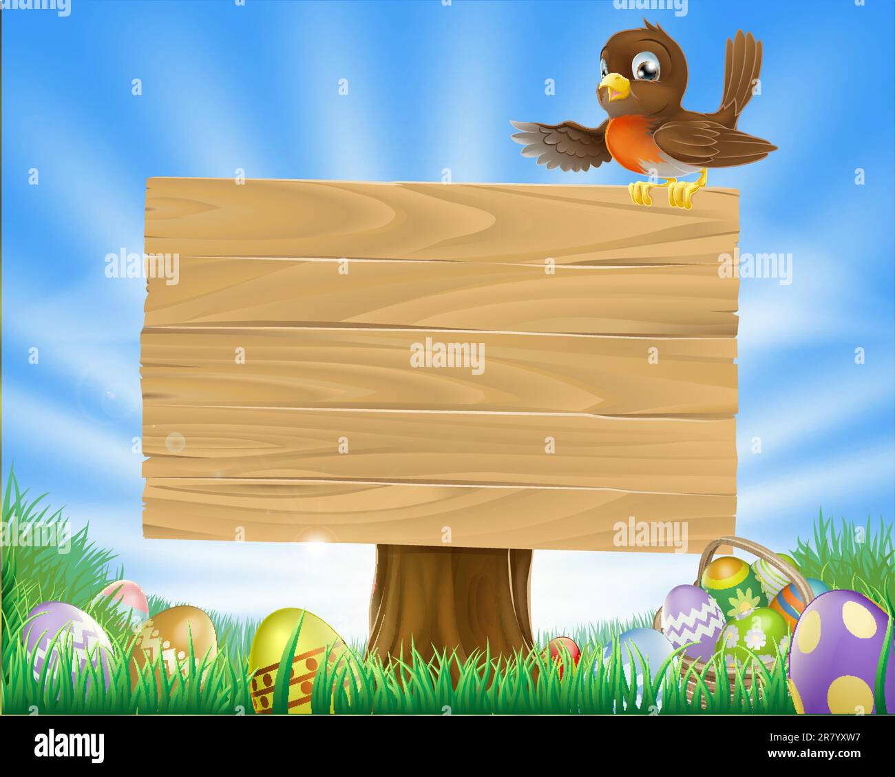 A cute robin bird character sitting on a message board sign surrounded ...