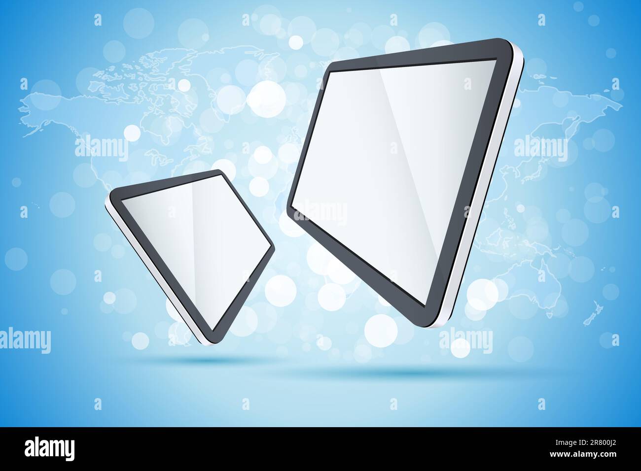 Abstract Background with World Map and Flying Tablet Computers Stock ...