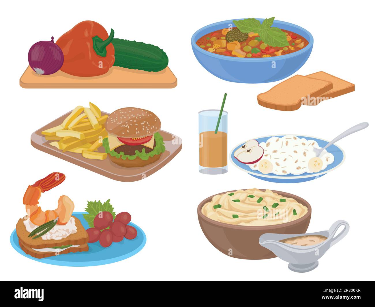 set of six color images of tasty food dishes Stock Vector Image & Art ...
