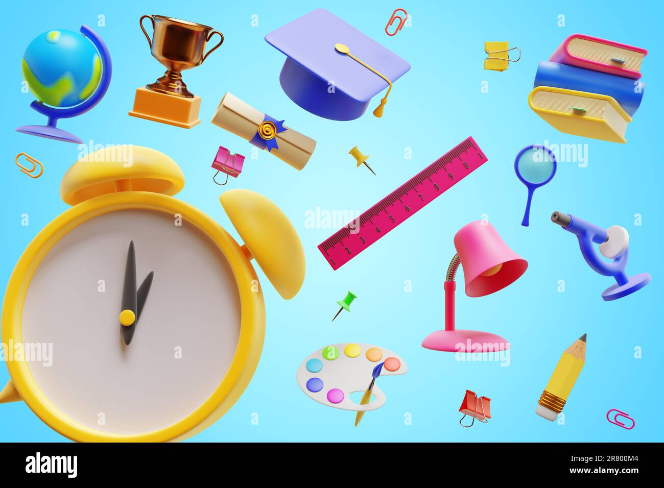 Back to school. Big alarm clock and student learning education elements ...