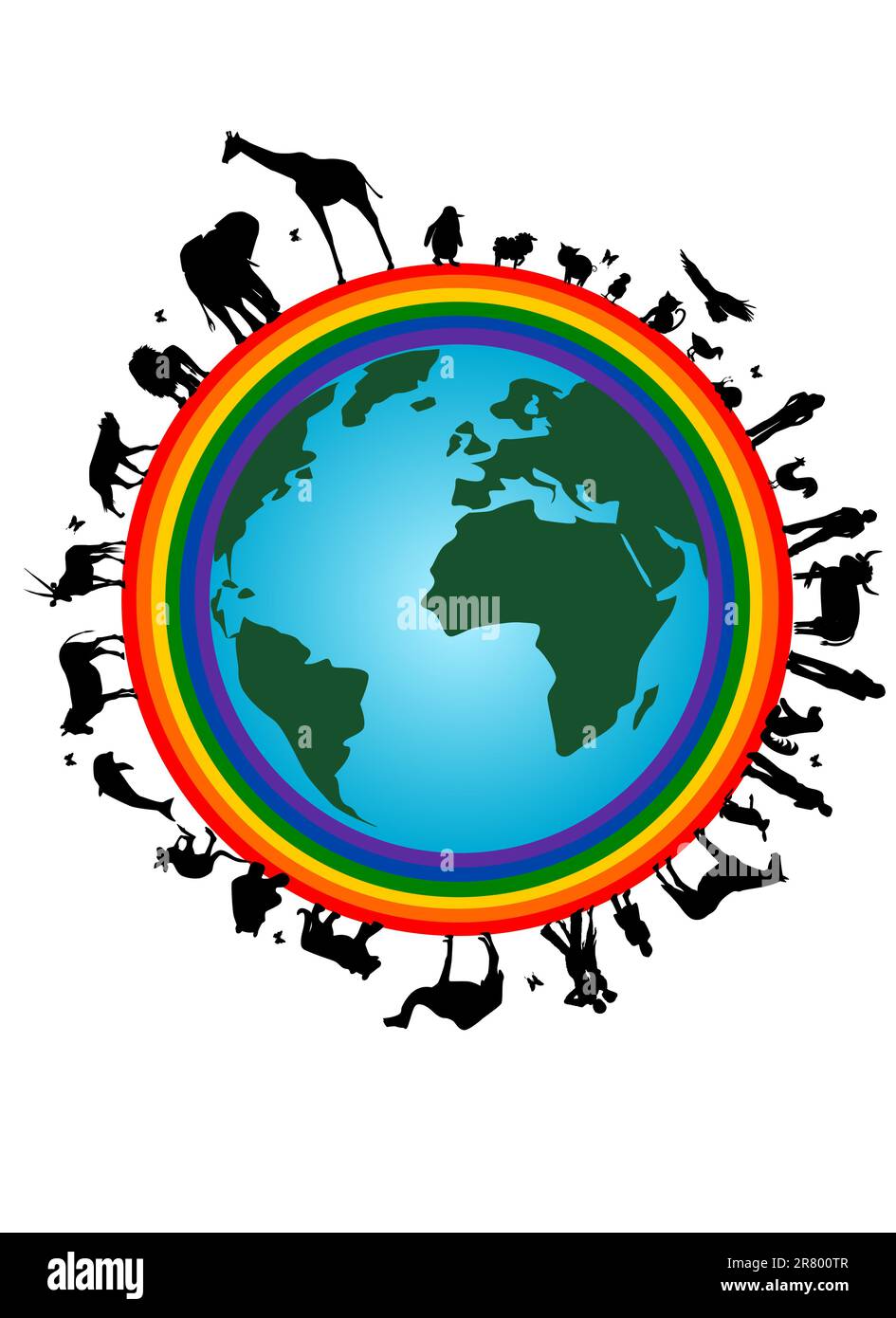 Illustration of earth with rainbow, people and animals silhouettes ...