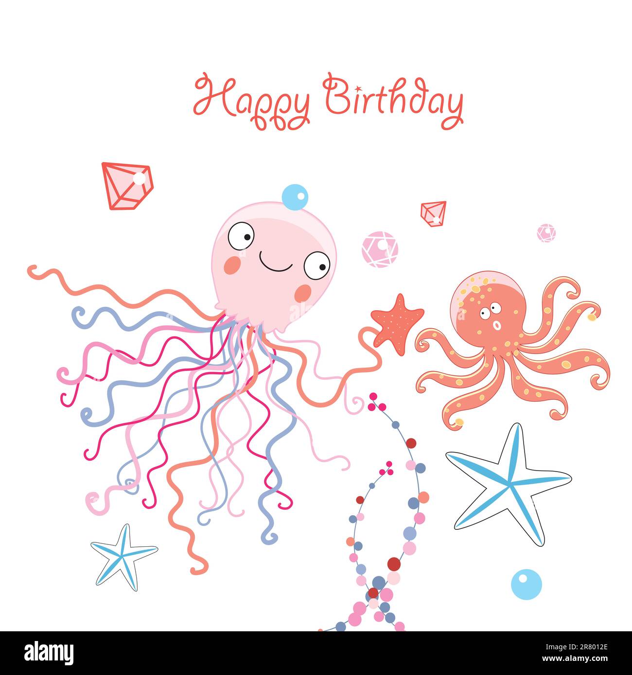 Greeting card with colorful octopus and jellyfish on a white background ...