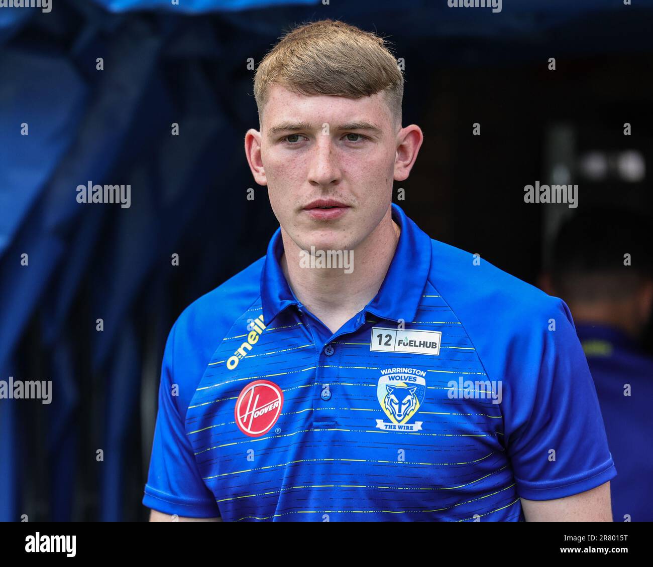 Matty Nicholson #12 of Warrington Wolves arrives during the Betfred ...