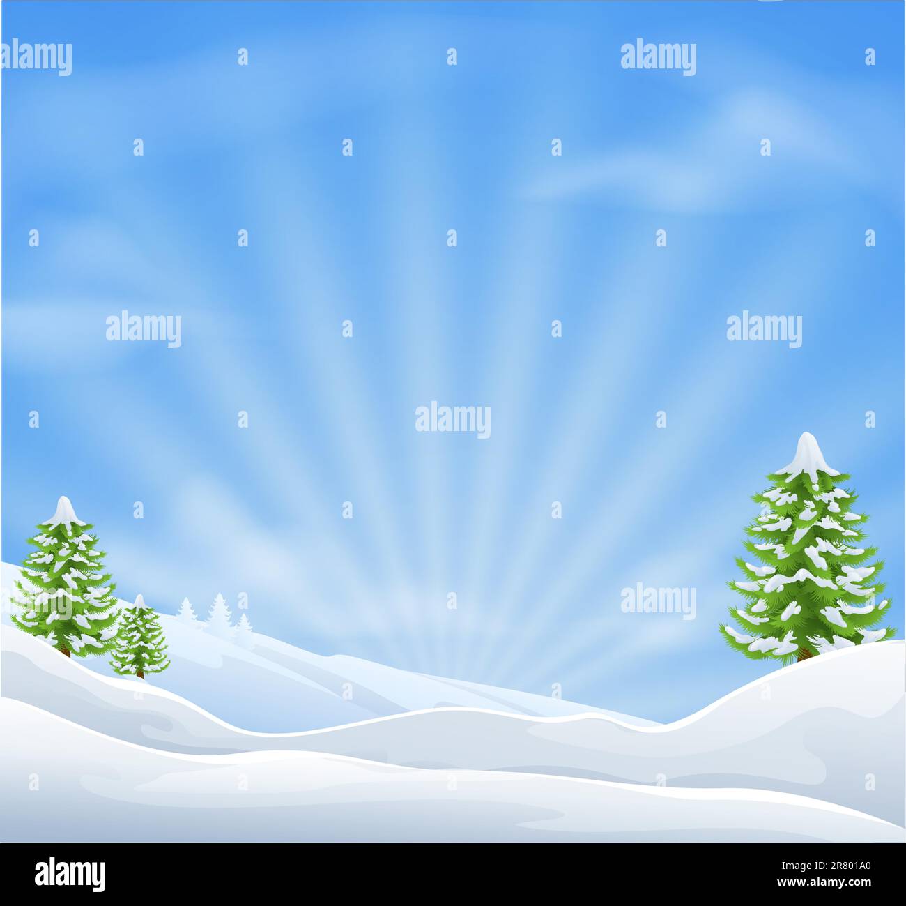 An illustration of an idyllic snow covered Christmas landscape with ...