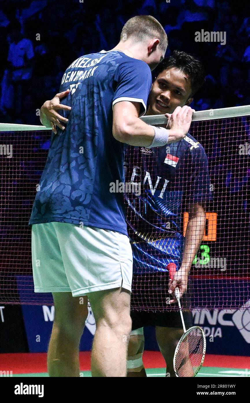 Jakarta, Indonesia. 18th June, 2023. Viktor Axelsen (L) of Denmark greets Anthony Sinisuka ...