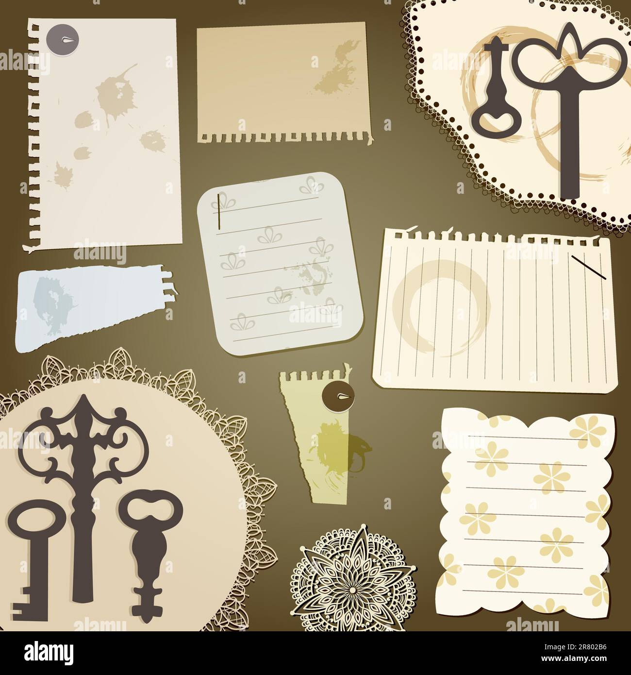 vector scrapbook design elements: vintage key, torn pices of paper ...
