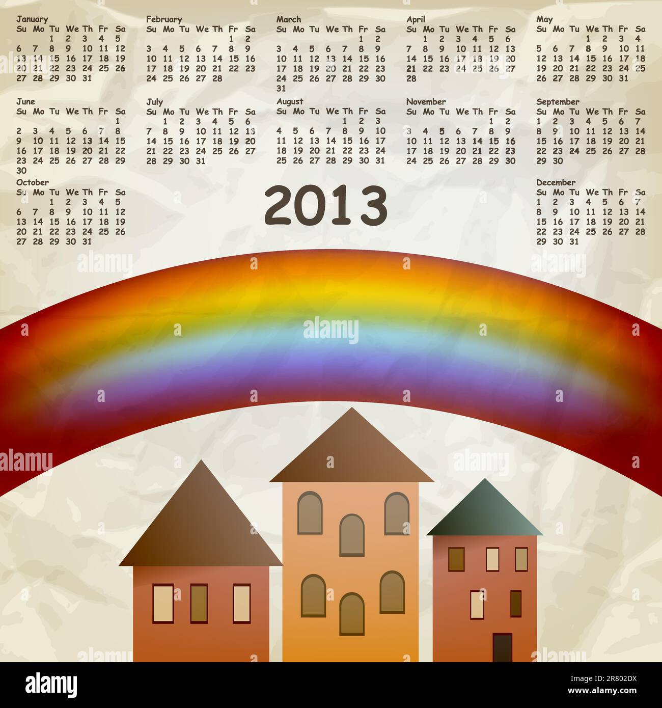 vector 2013 calendar on abstract background with rainbow and old houses ...