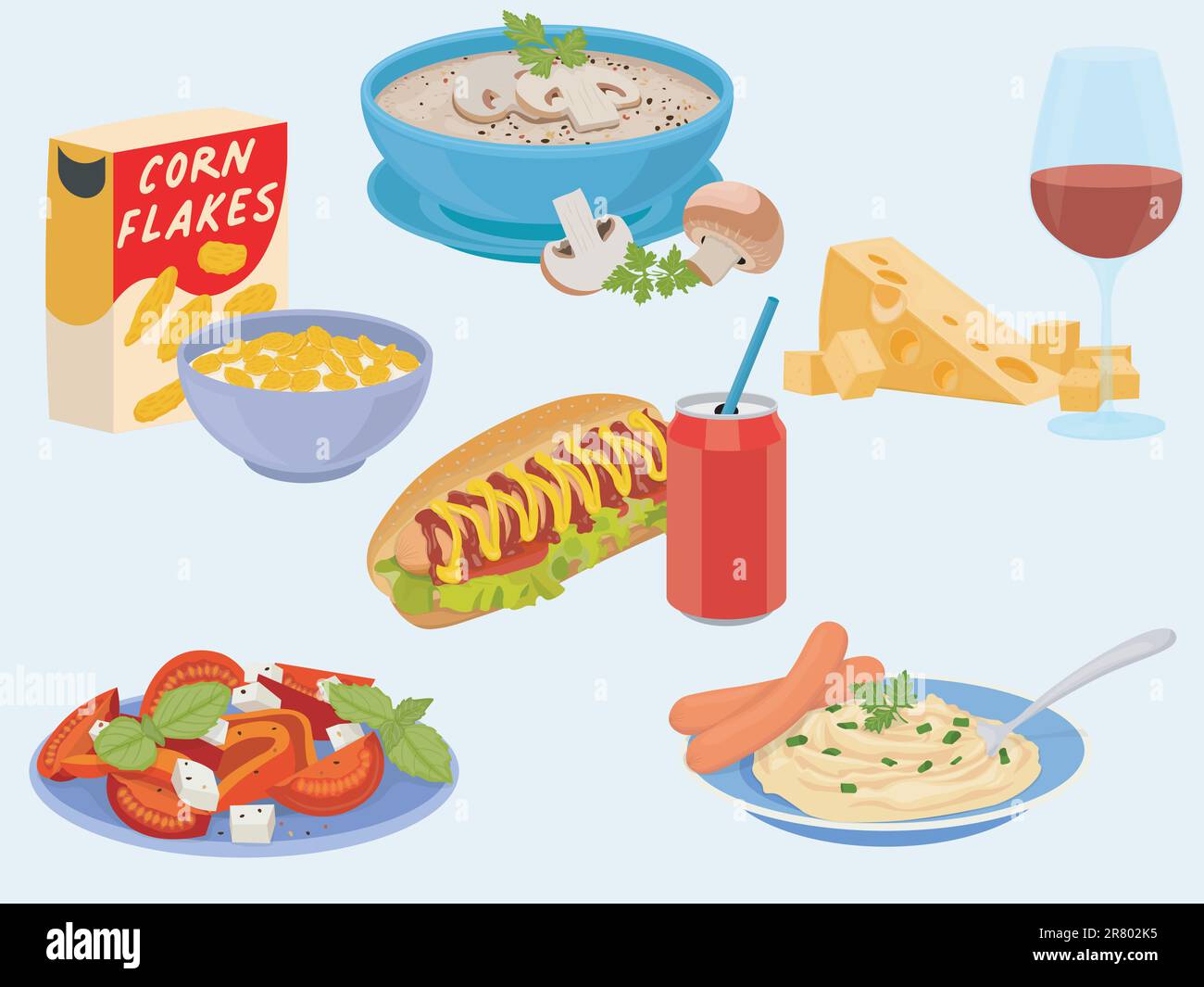 set of six color images of corn flakes, mushroom soup, hot-dog and ...