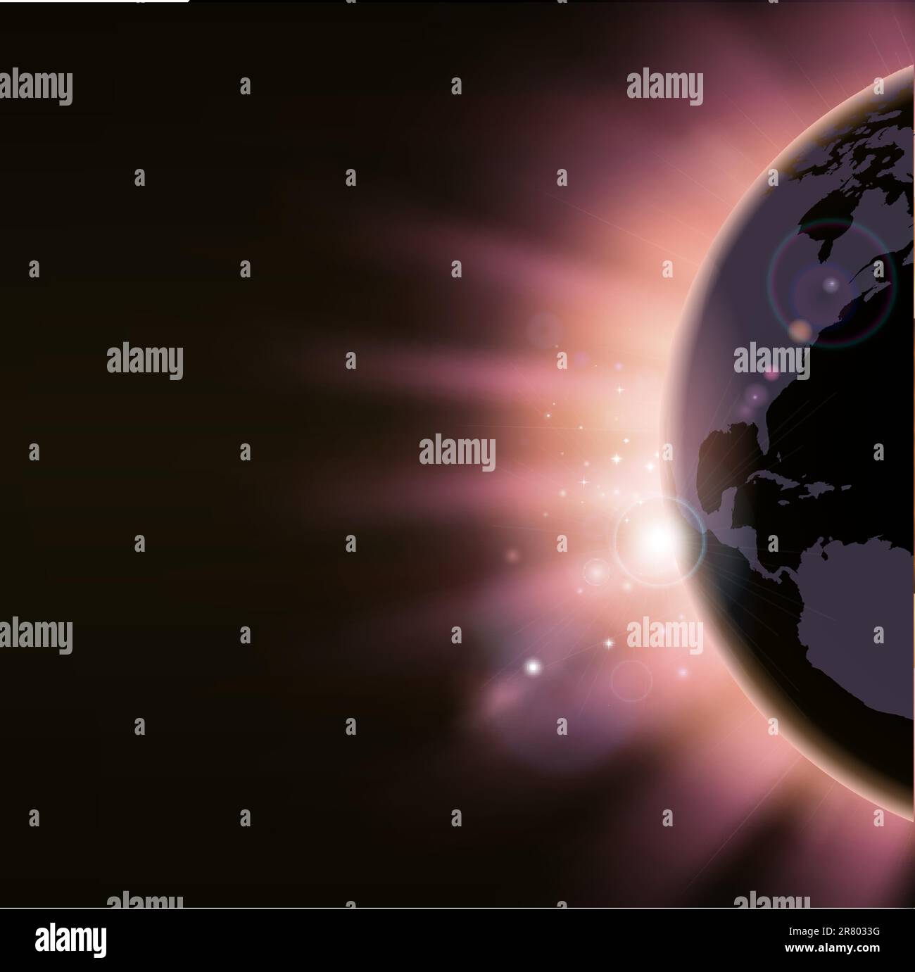 Light of sunrise appearing over the world globe in warm colors. America ...