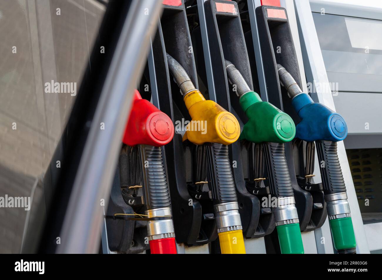 Fuel dispenser close up. Detail of a petrol pump in a petrol station ...