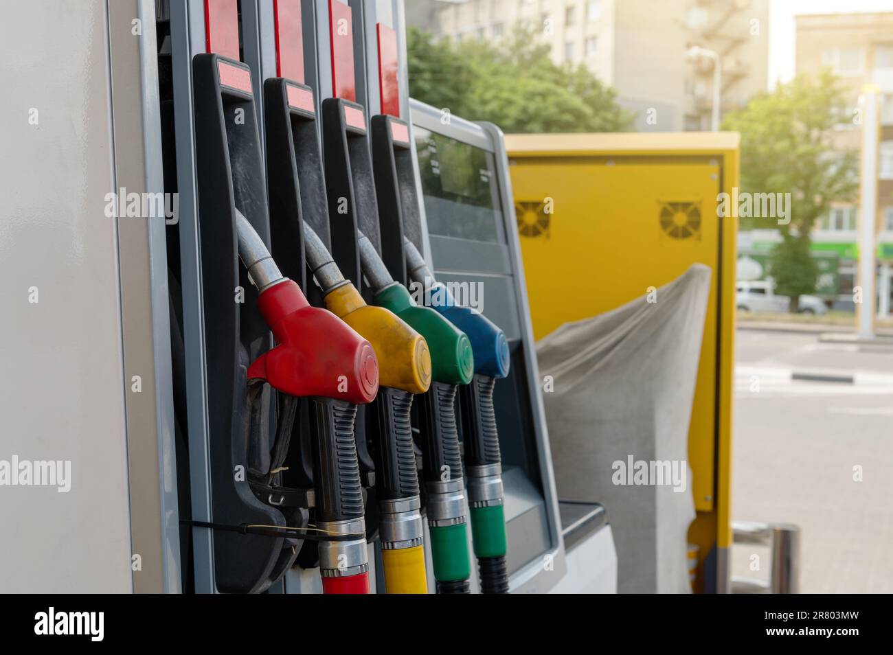 Fuel dispenser close up. Detail of a petrol pump in a petrol station ...