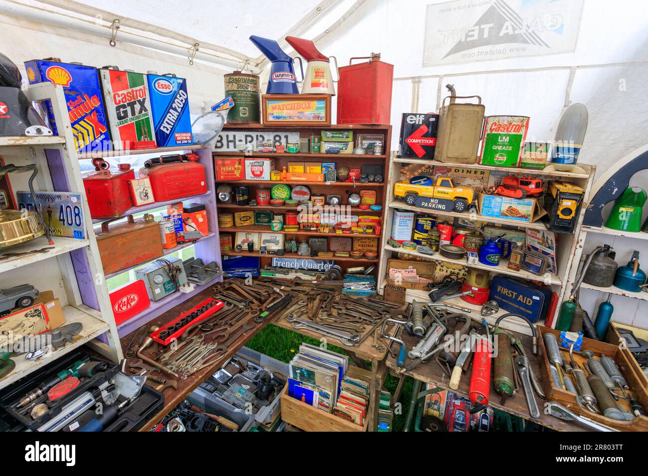 A colourful collection of tools, tins and equipment from a vintage ...