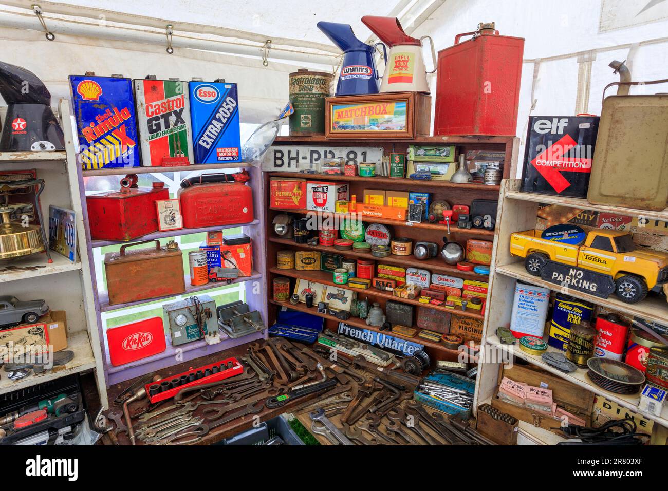 A colourful collection of tools, tins and equipment from a vintage ...