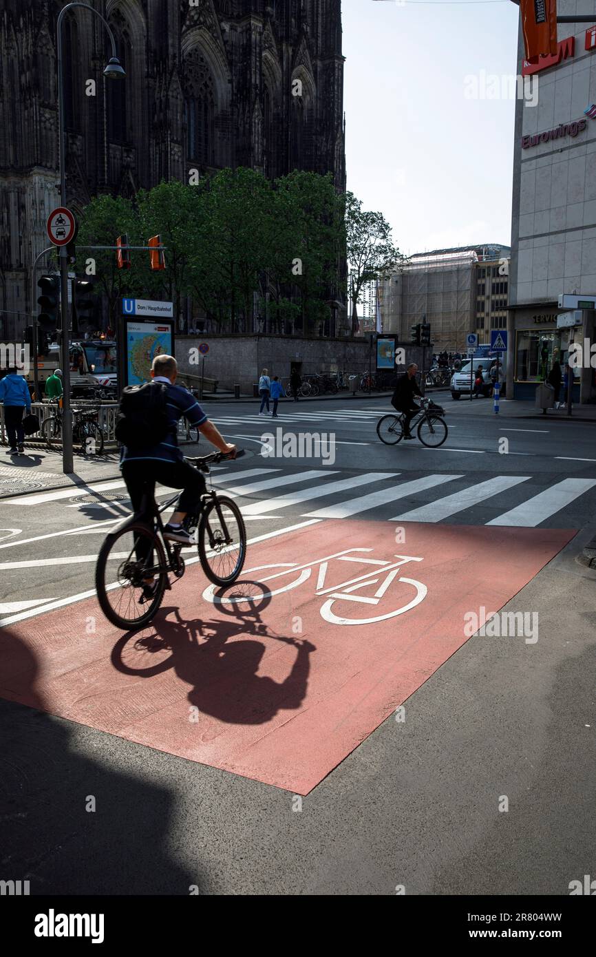 widened cycle track on Marzellen street near the cathedral, Cologne ...