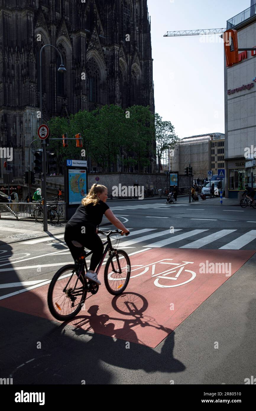 widened cycle track on Marzellen street near the cathedral, Cologne ...