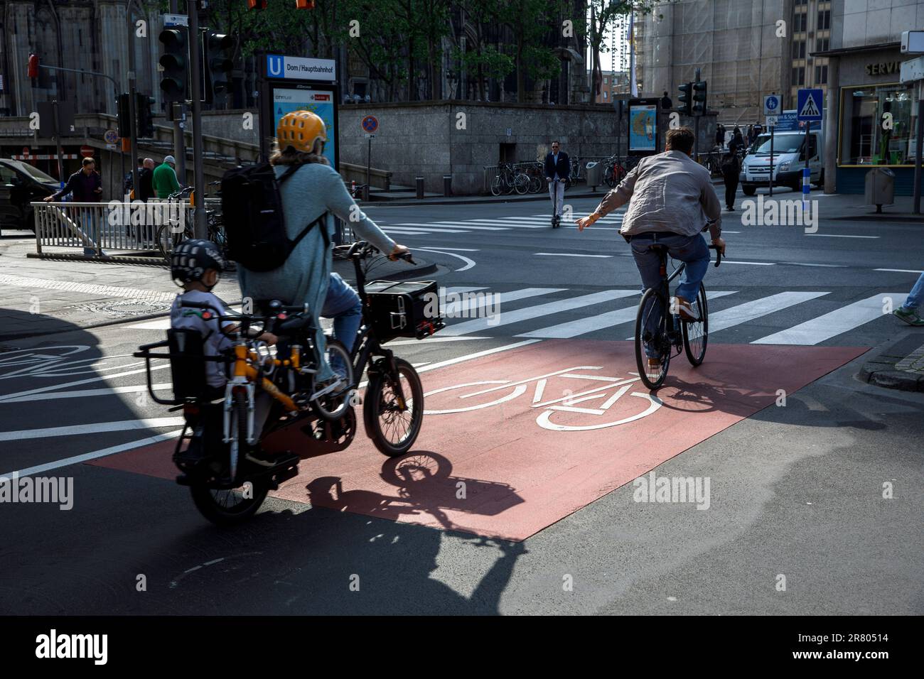 widened cycle track on Marzellen street near the cathedral, Cologne ...