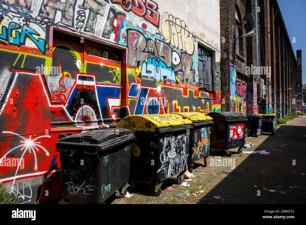 graffiti on the Rheinlandhalle, former factory building of the Helios ...