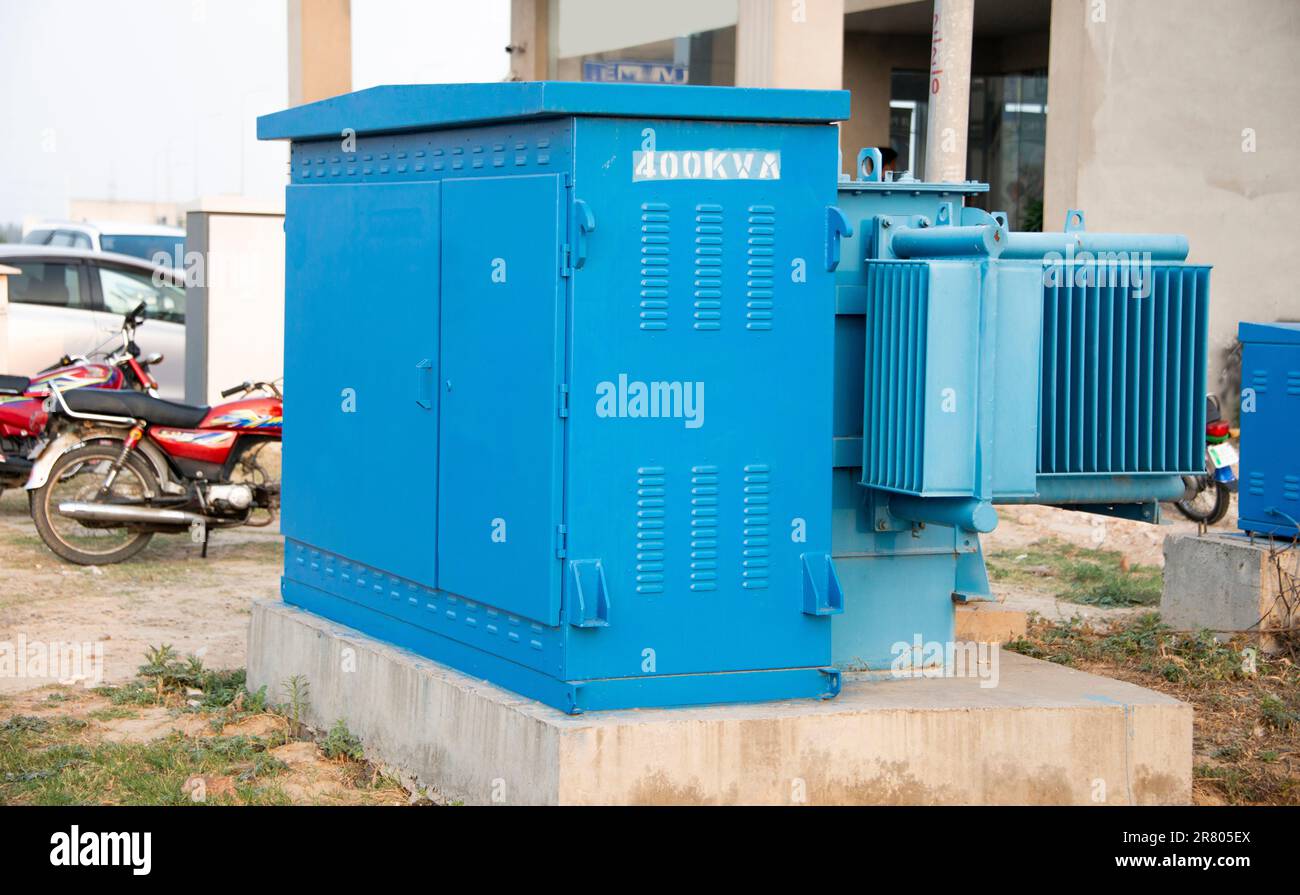 High voltage transformer installed in a commercial area Stock Photo - Alamy