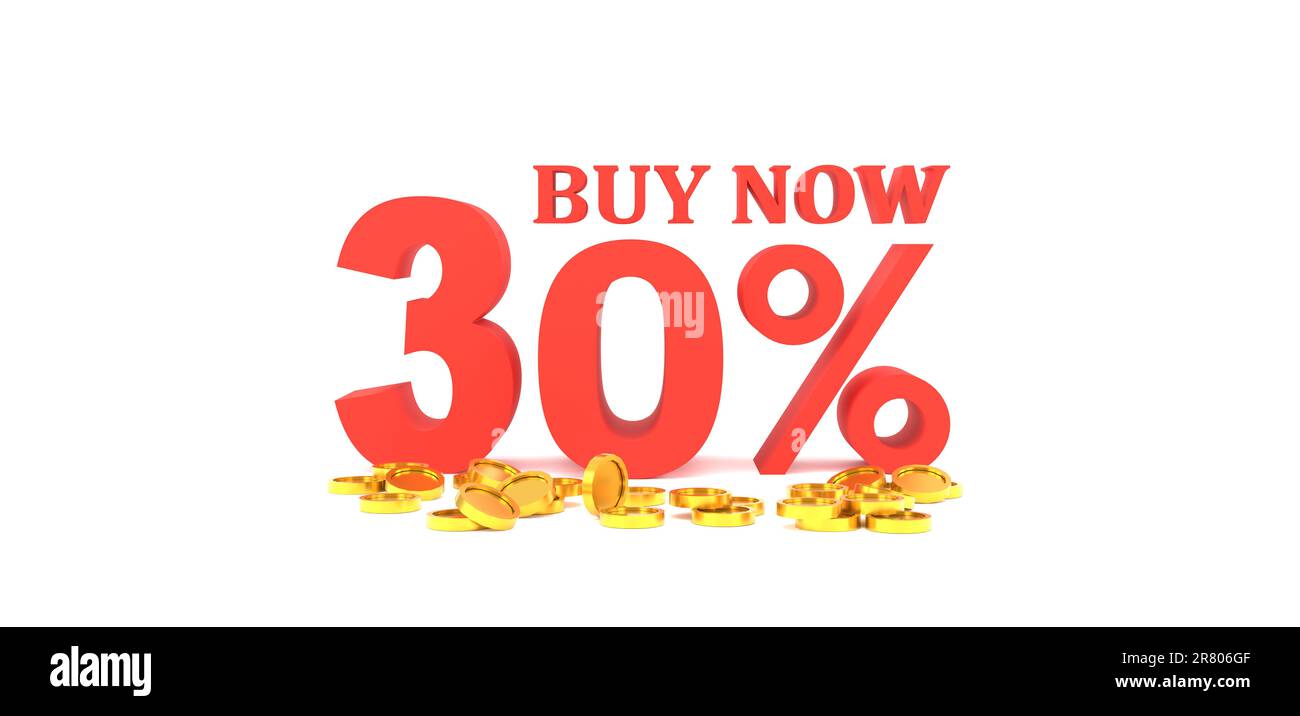 3D Rendering. 30 percent off with gold coin and white background ...