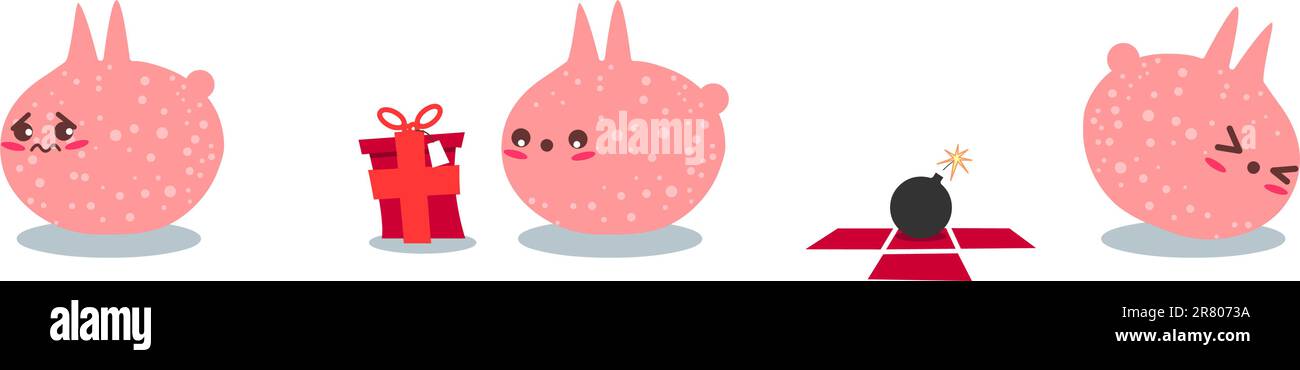 A vector illustration of a sad pink creature getting a present which is ...