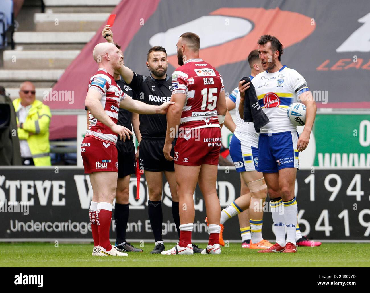 Wigan Warriors’ Kaide Ellis is shown a red card during the Betfred ...