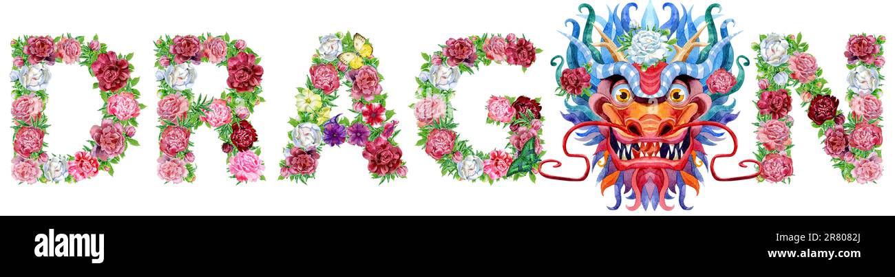 Word DRAGON of watercolor flowers, isolated hand drawn on a white ...