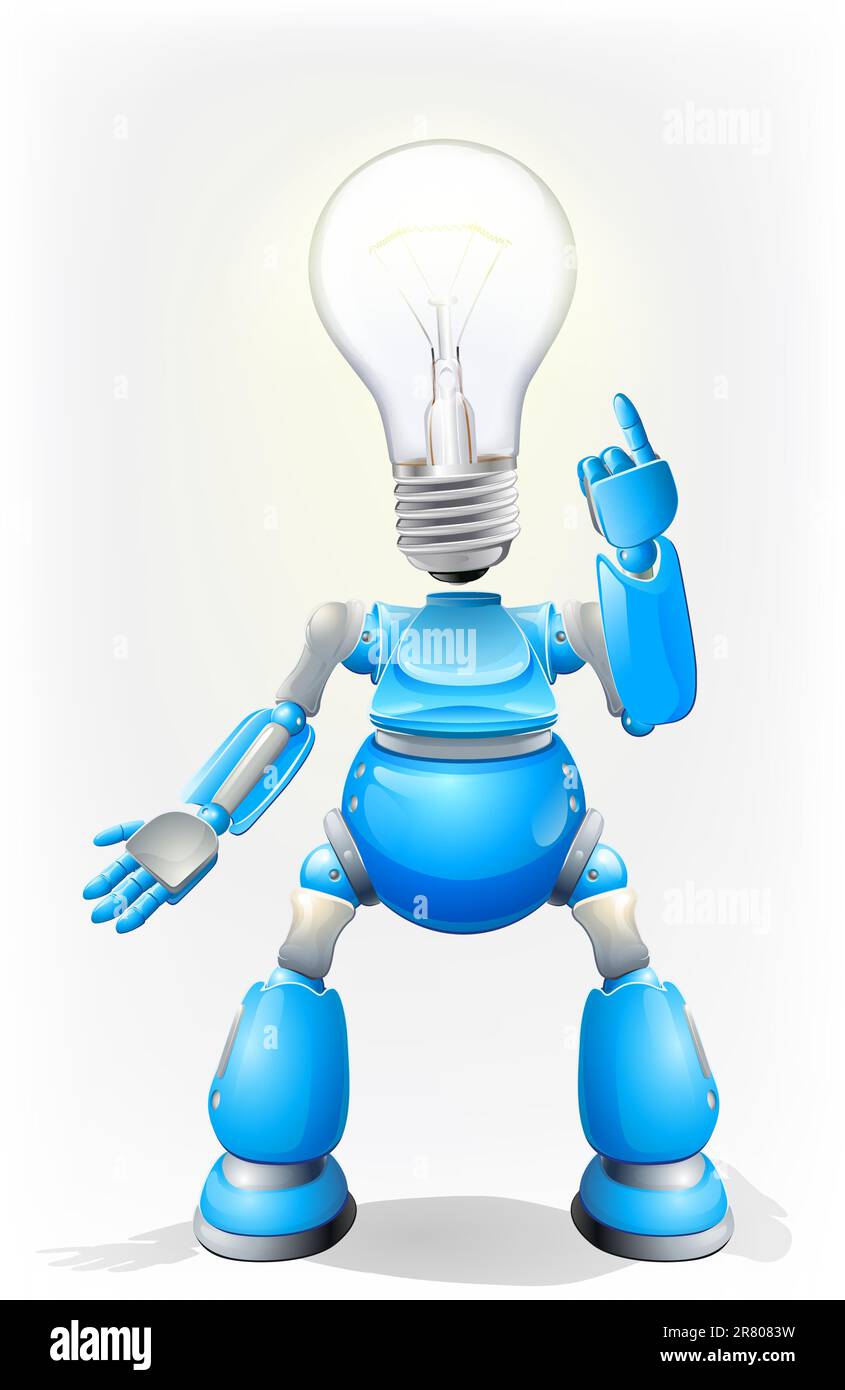 Illustration of a blue robot character with a light bulb for a head ...