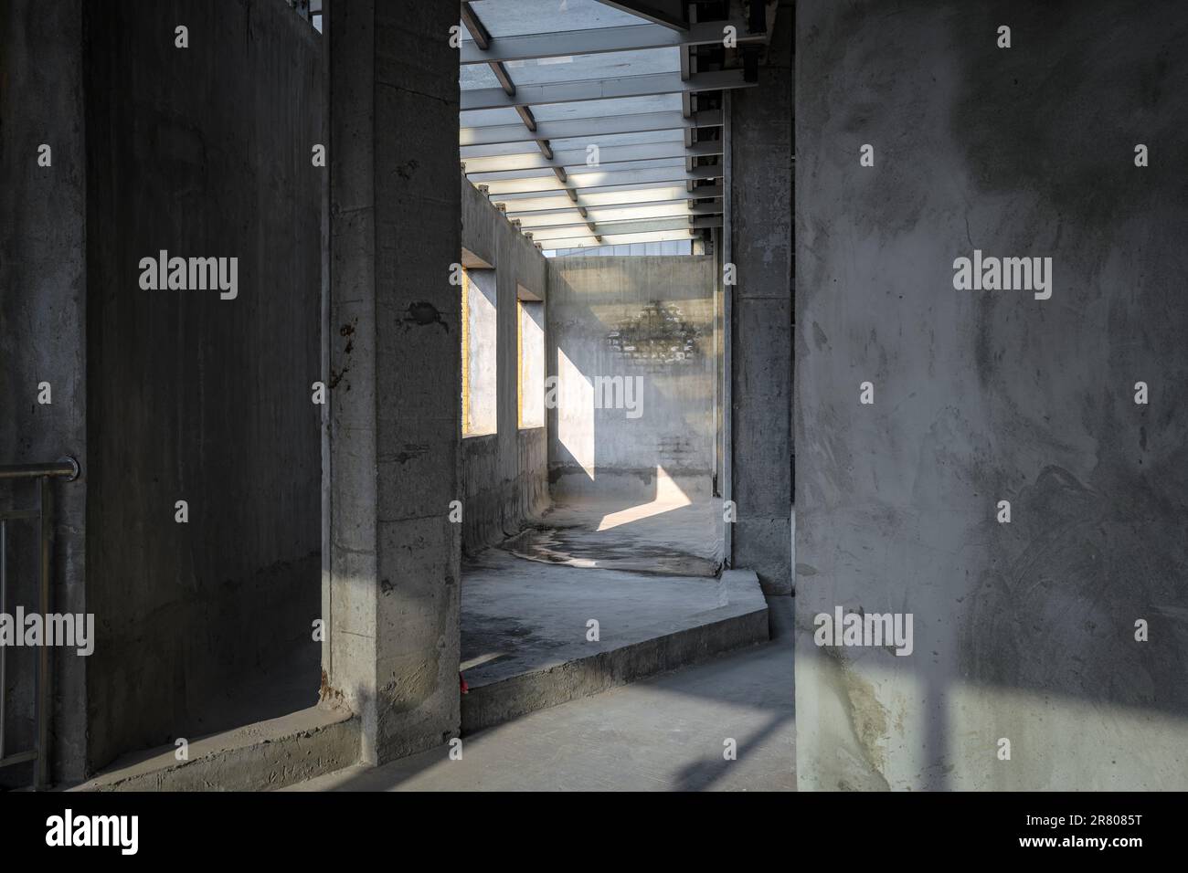 Sunrise sunlight shining on the interior of a newly constructed house ...
