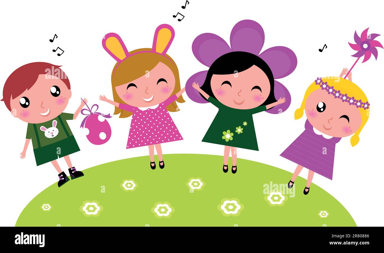 Cute easter children in costumes. Vector cartoon Illustration Stock ...
