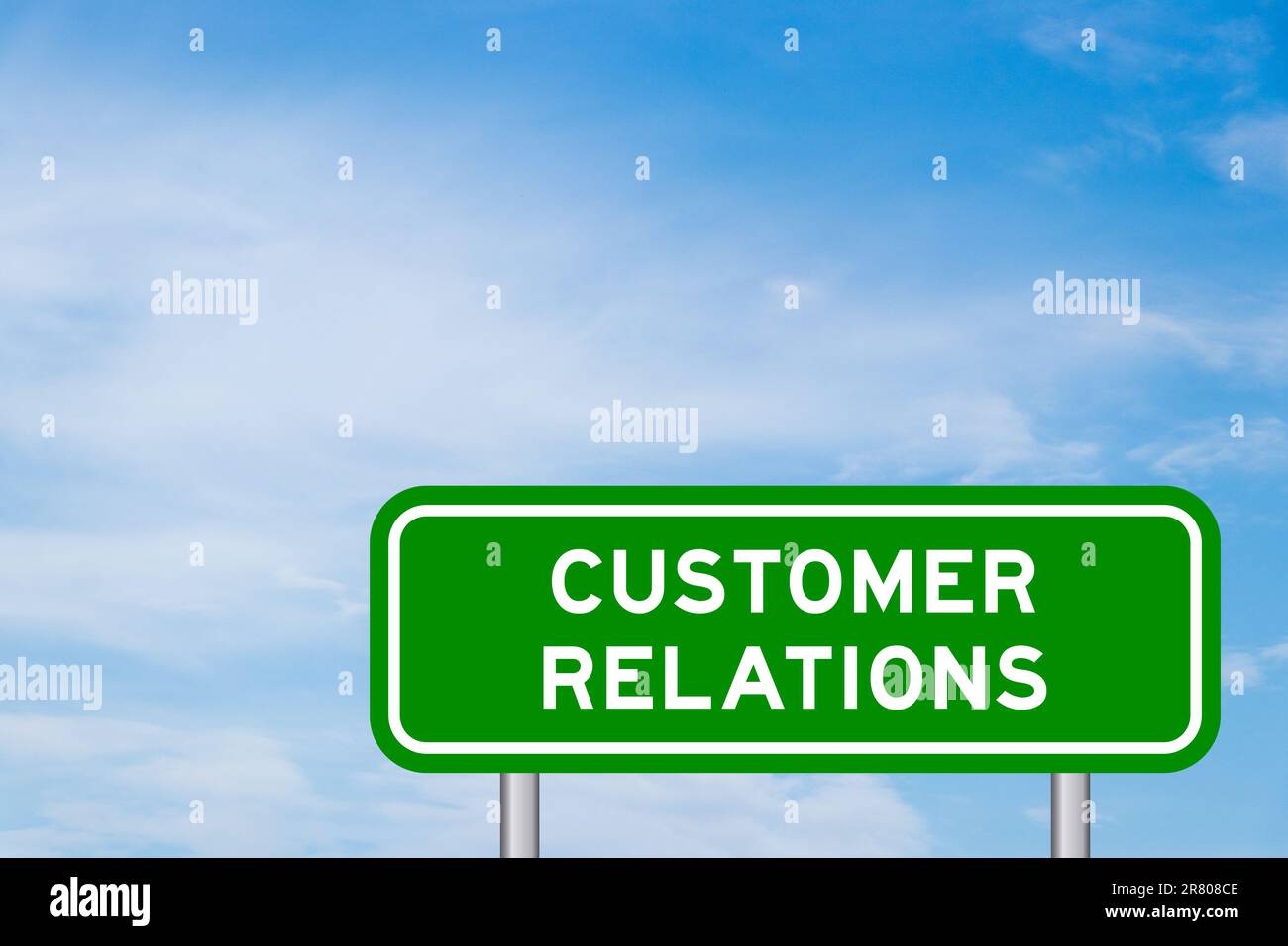 Green color transportation sign with word customer relations on blue ...
