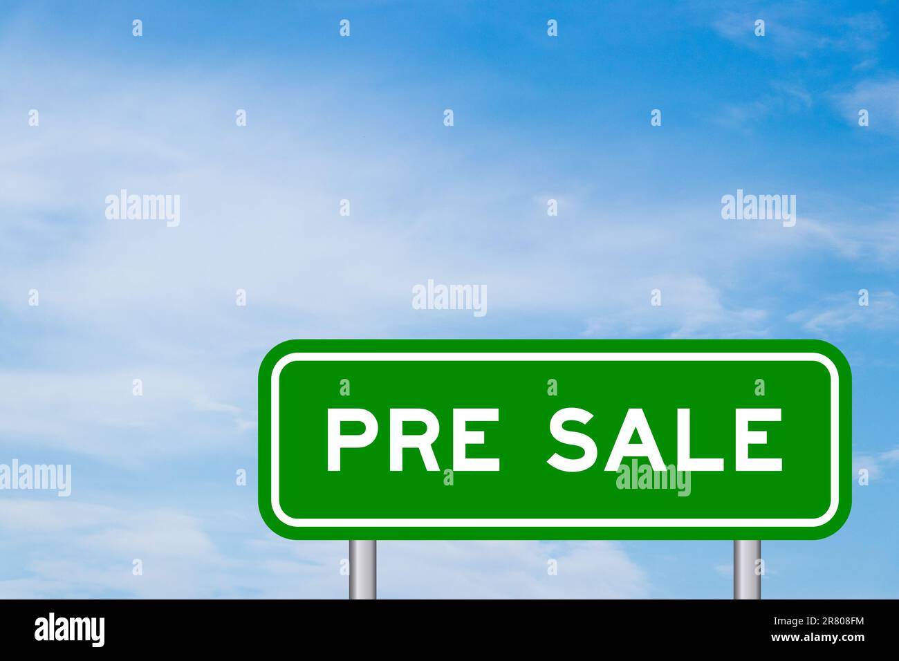 Green color transportation sign with word pre sale on blue sky with ...